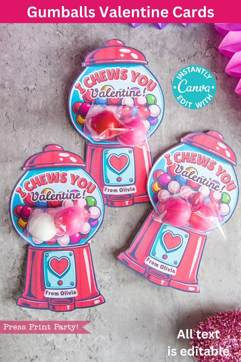 Gumball Valentine Card Printable Adorable Personalized Classroom ...
