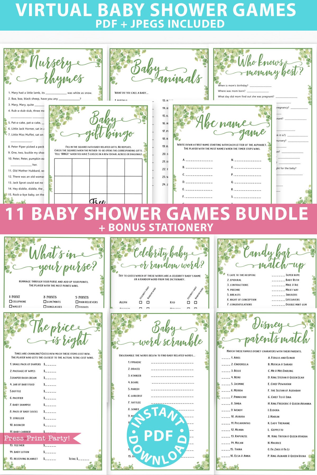 Virtual Baby Shower Games Bundle Printable Eucalyptus Games | Etsy