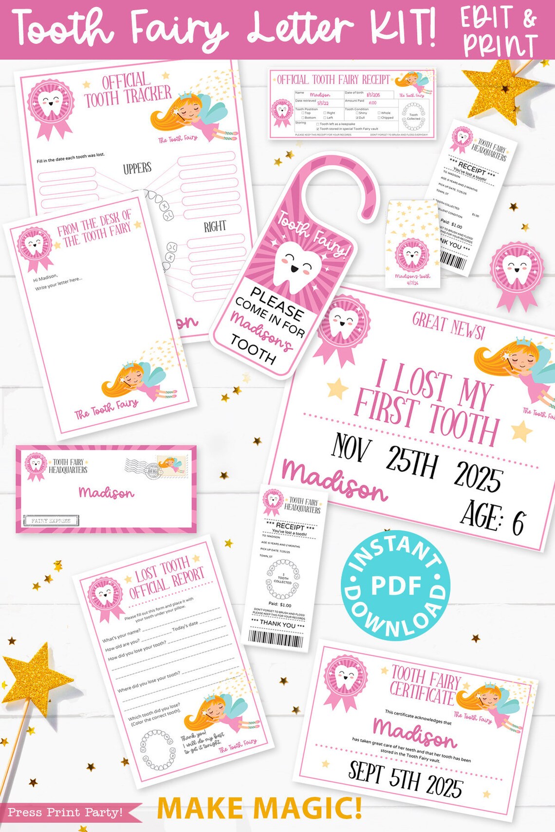 EDITIERBARE Zahnfee Brief Printable Kit & Quittungen, Zertifikat, Baby ...