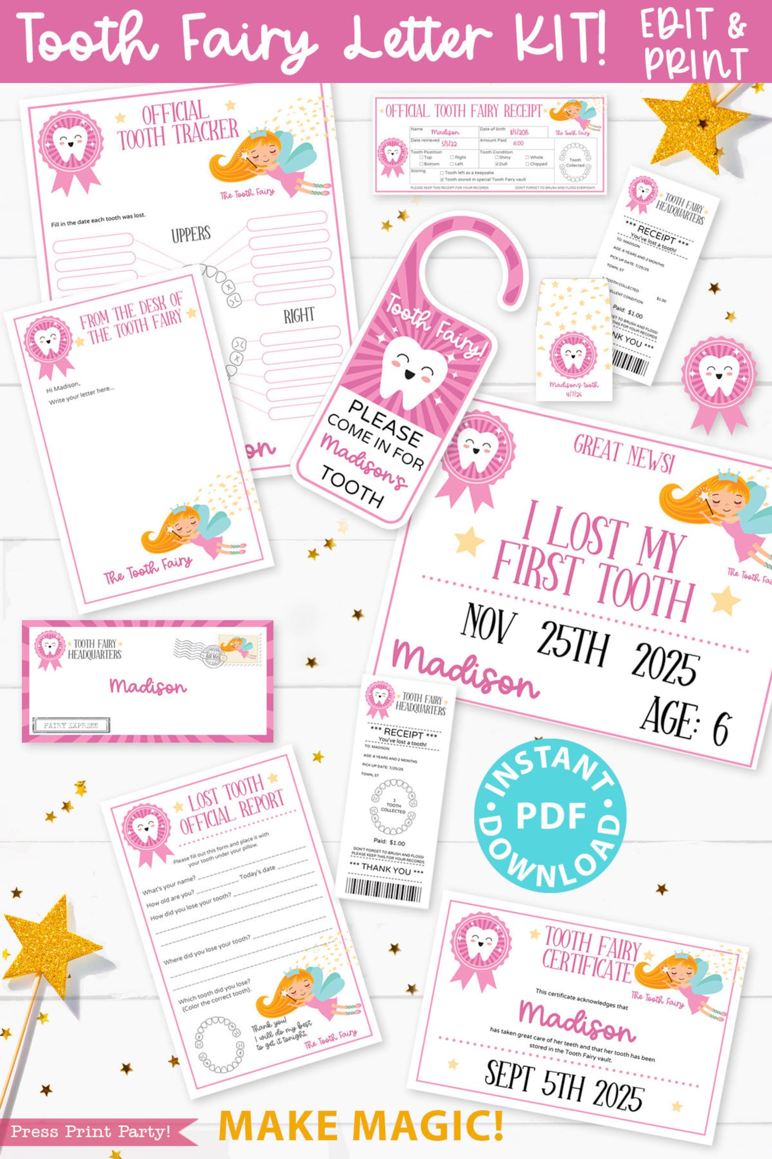 EDITIERBARE Zahnfee Brief Printable Kit & Quittungen, Zertifikat, Baby ...