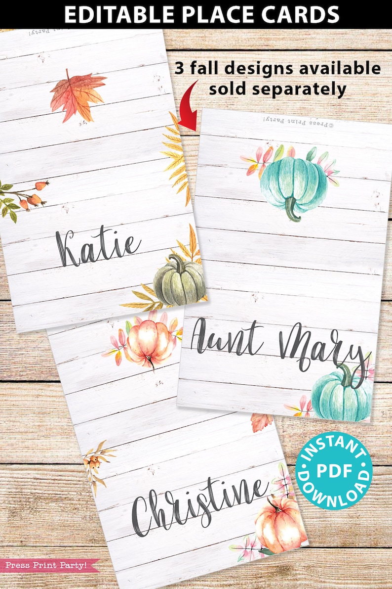 Thanksgiving Place Cards Printable Green Fall Pumpkin Place Card ...