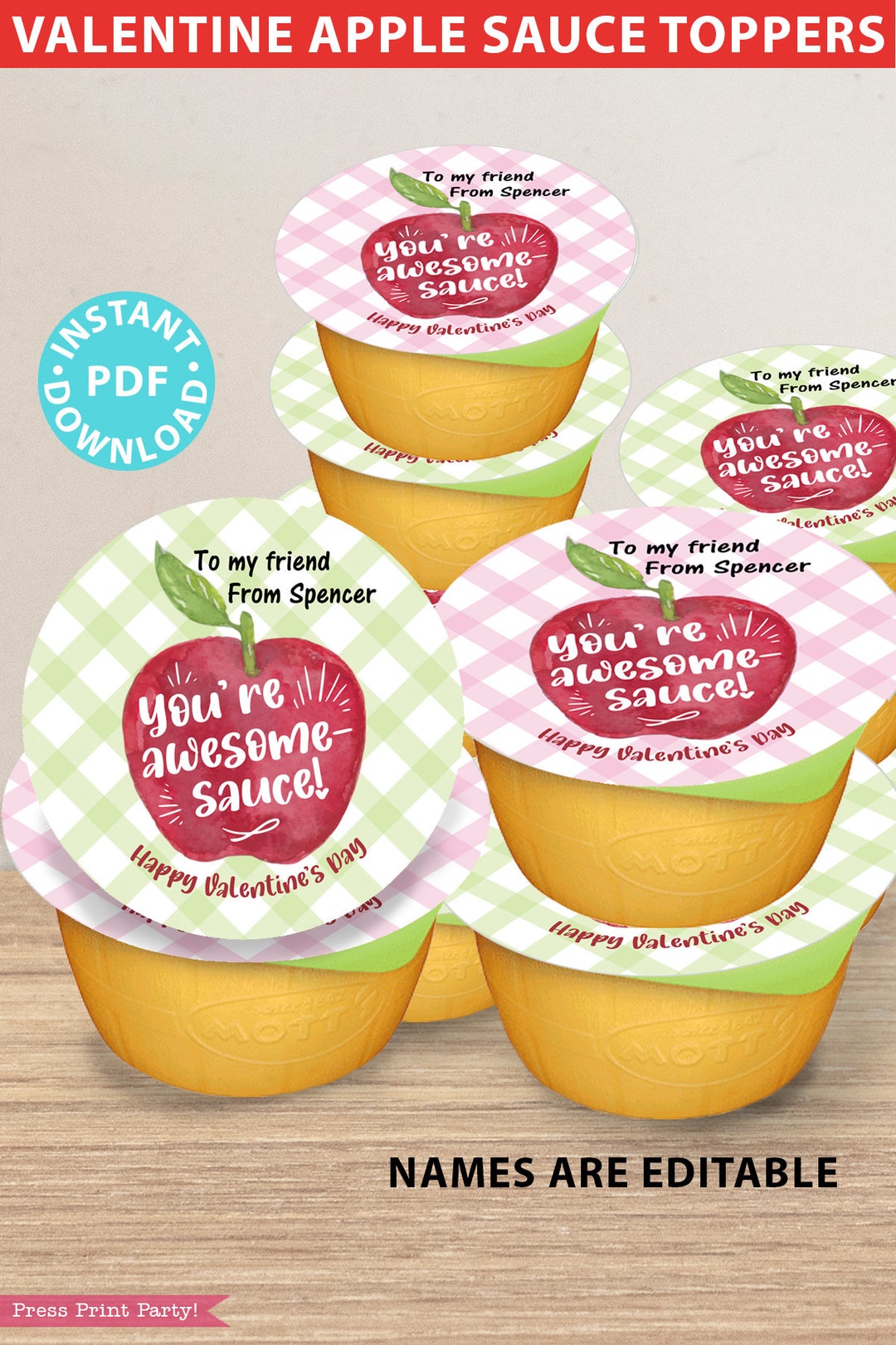 Kids Valentines Printables for Applesauce Cup Tops, You're Awesomesauce ...