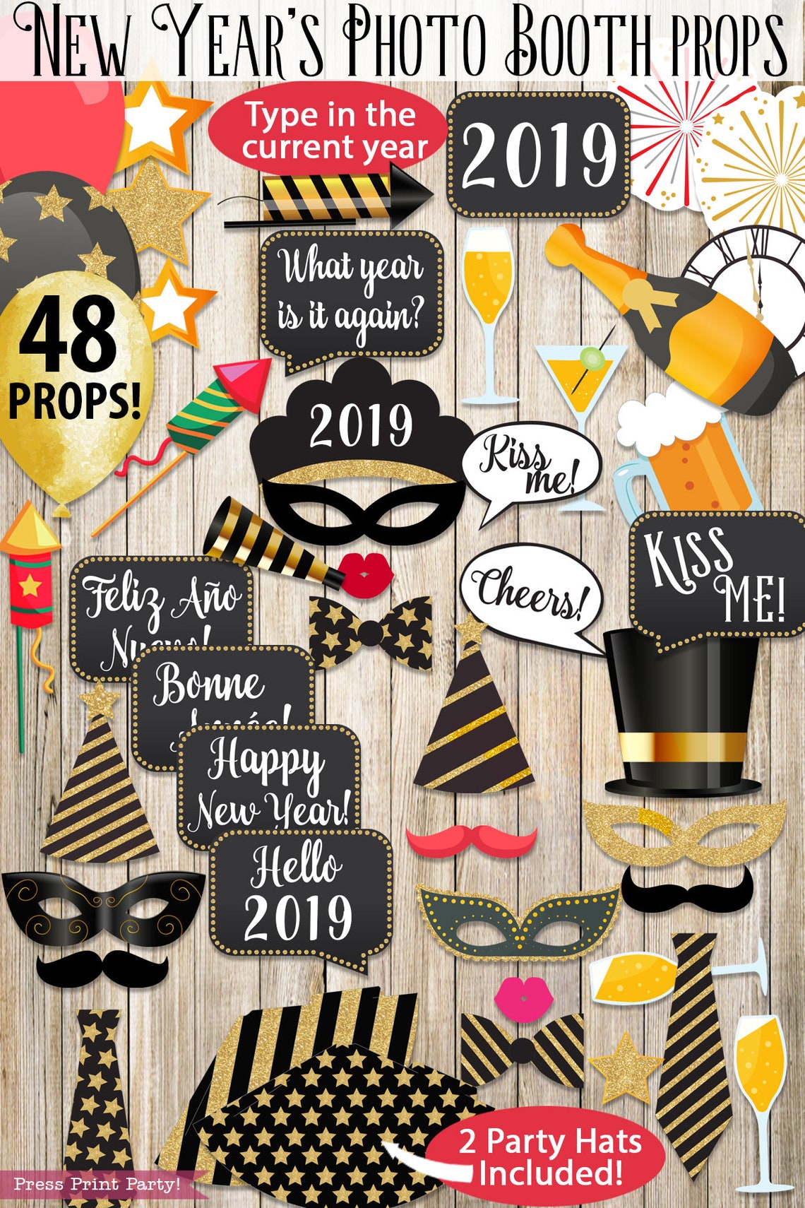 New Years Props Printable Photo Booth Props New Years Eve - Etsy
