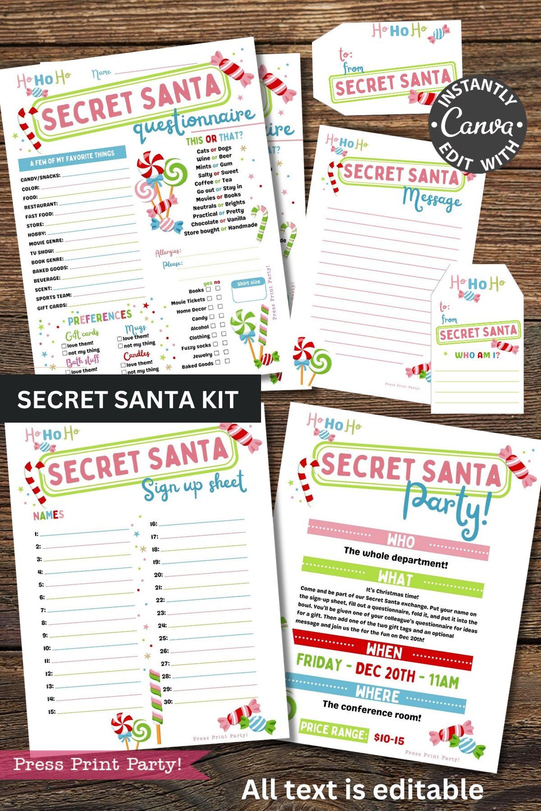 Secret Santa Kit Printable, Candy Theme Editable Questionnaire Sign up ...