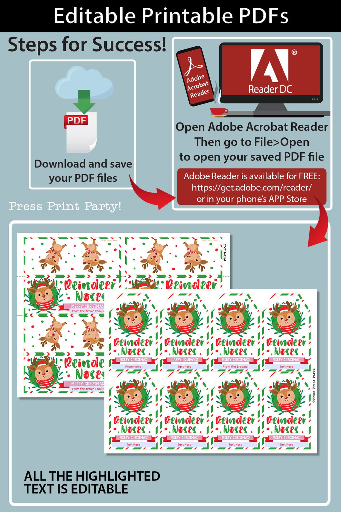 Reindeer Noses Christmas Treat Bag Toppers and Tag Editable - Etsy