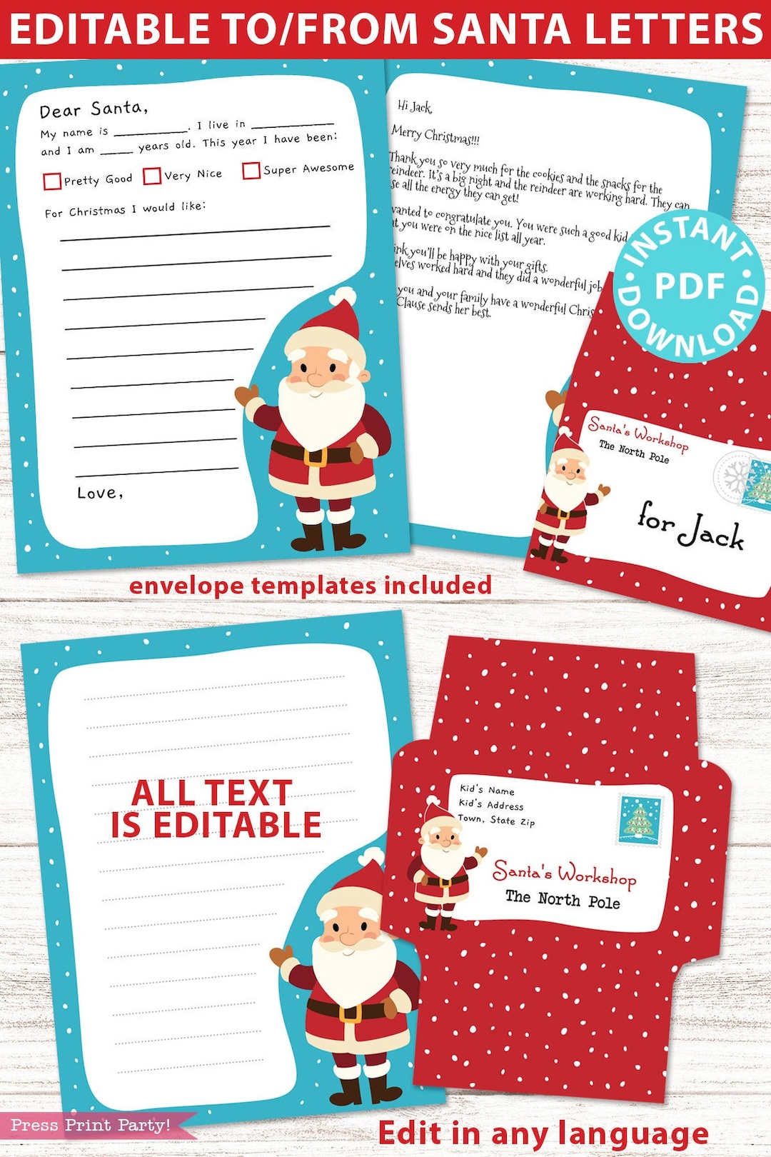 EDITABLE Santa Letter Printable Template Kit, to and From Santa, Kid ...