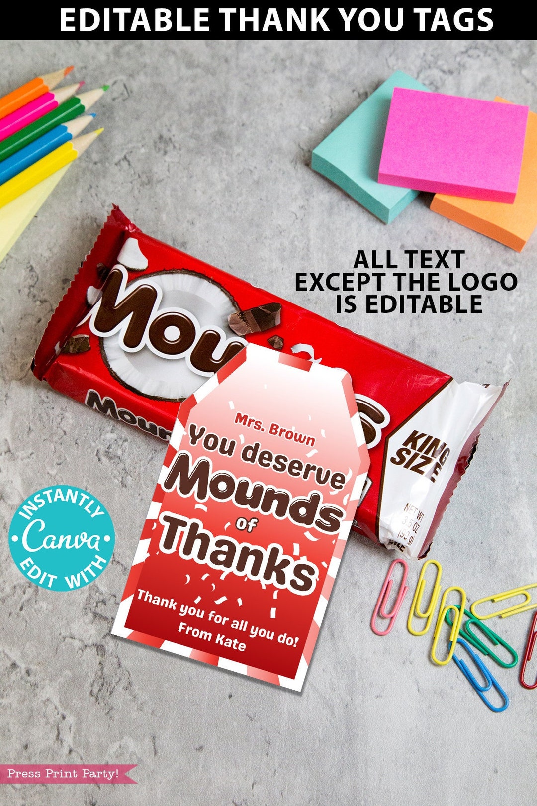 Mounds Thank You Gift Tag Printable Teacher Appreciation Week Nurse ...