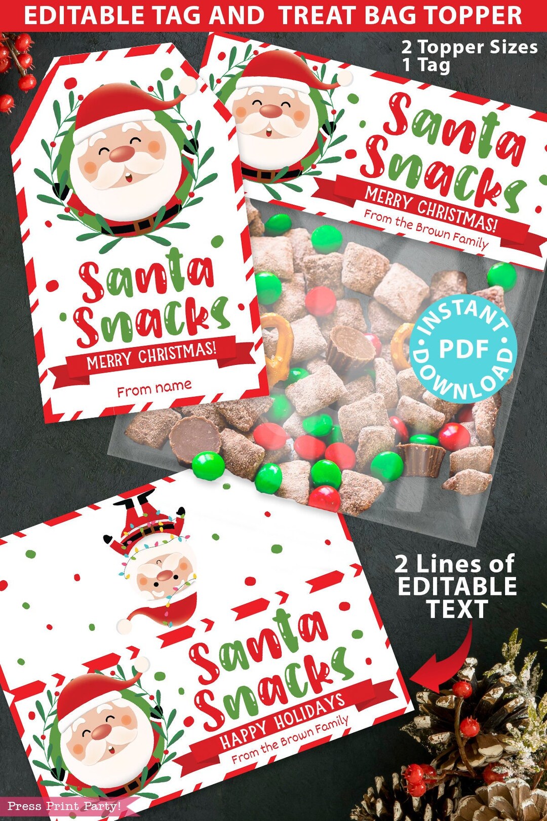 SANTA Snacks Christmas Treat Bag Toppers and Tag, Editable, Classroom ...