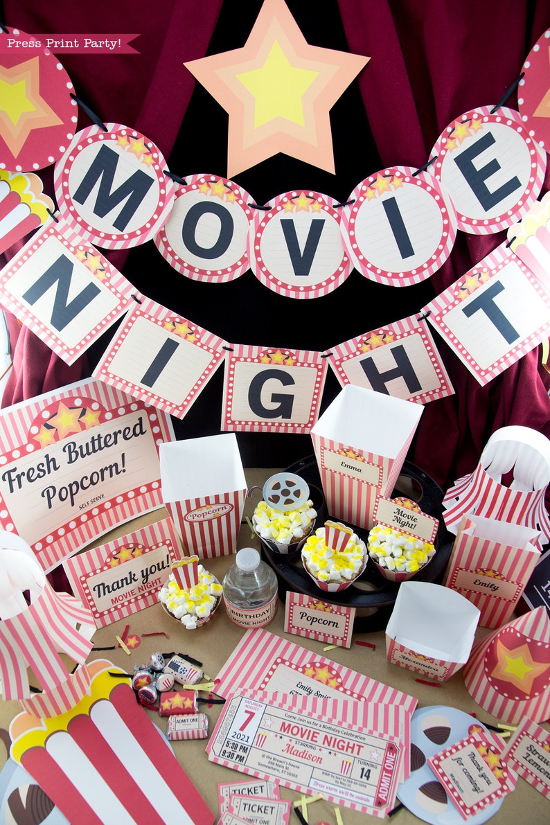 Movie Night Party Decorations Printables RED Vintage Movie - Etsy