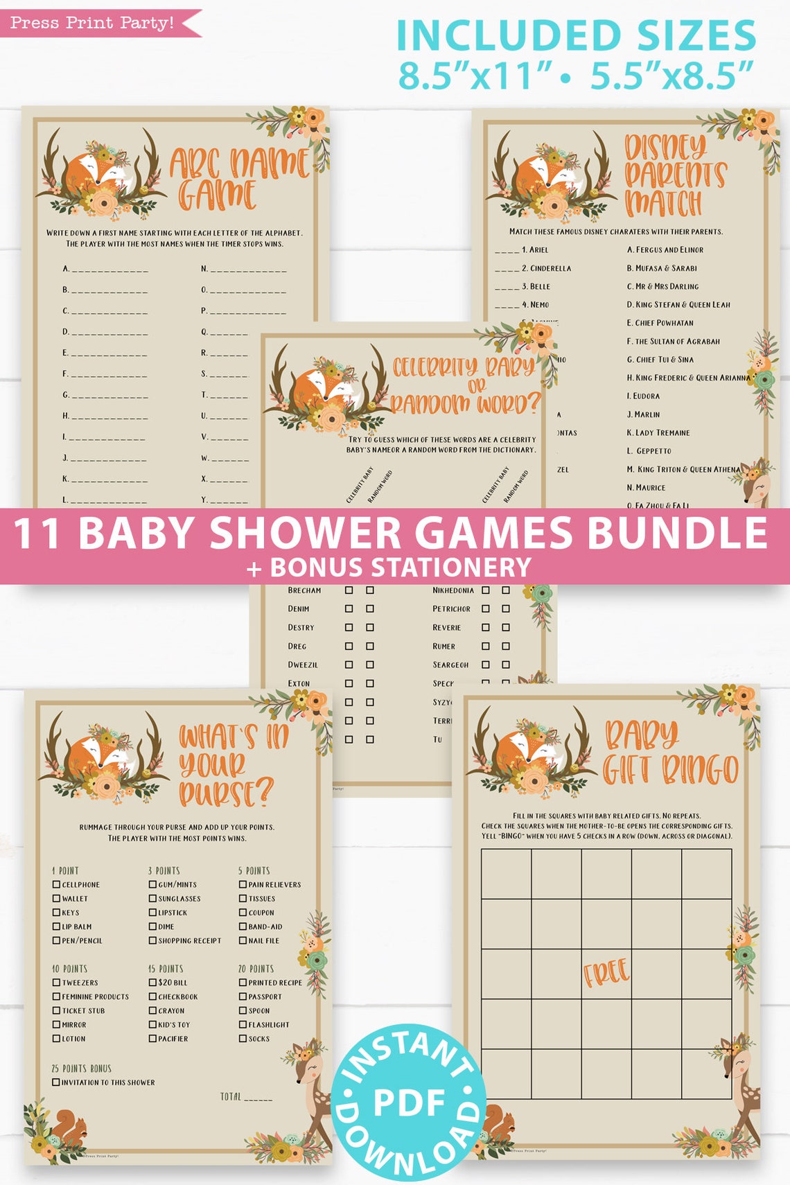 Virtual Baby Shower Games Printable Pack, Woodland Baby Shower Games ...