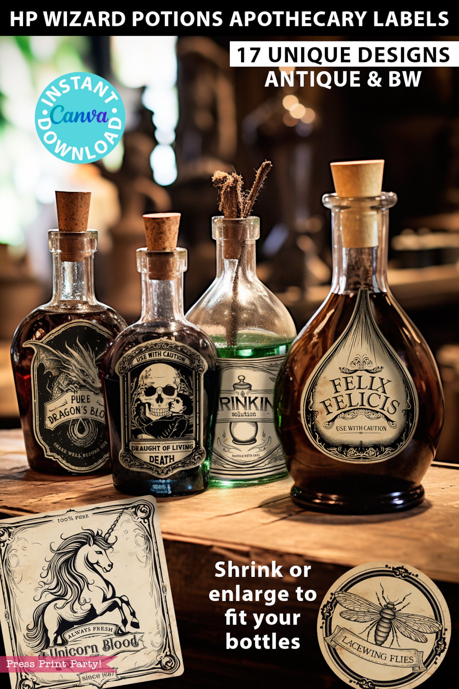 HP Wizard Party Potion Labels Decor Halloween Witch Apothecary Shelf ...