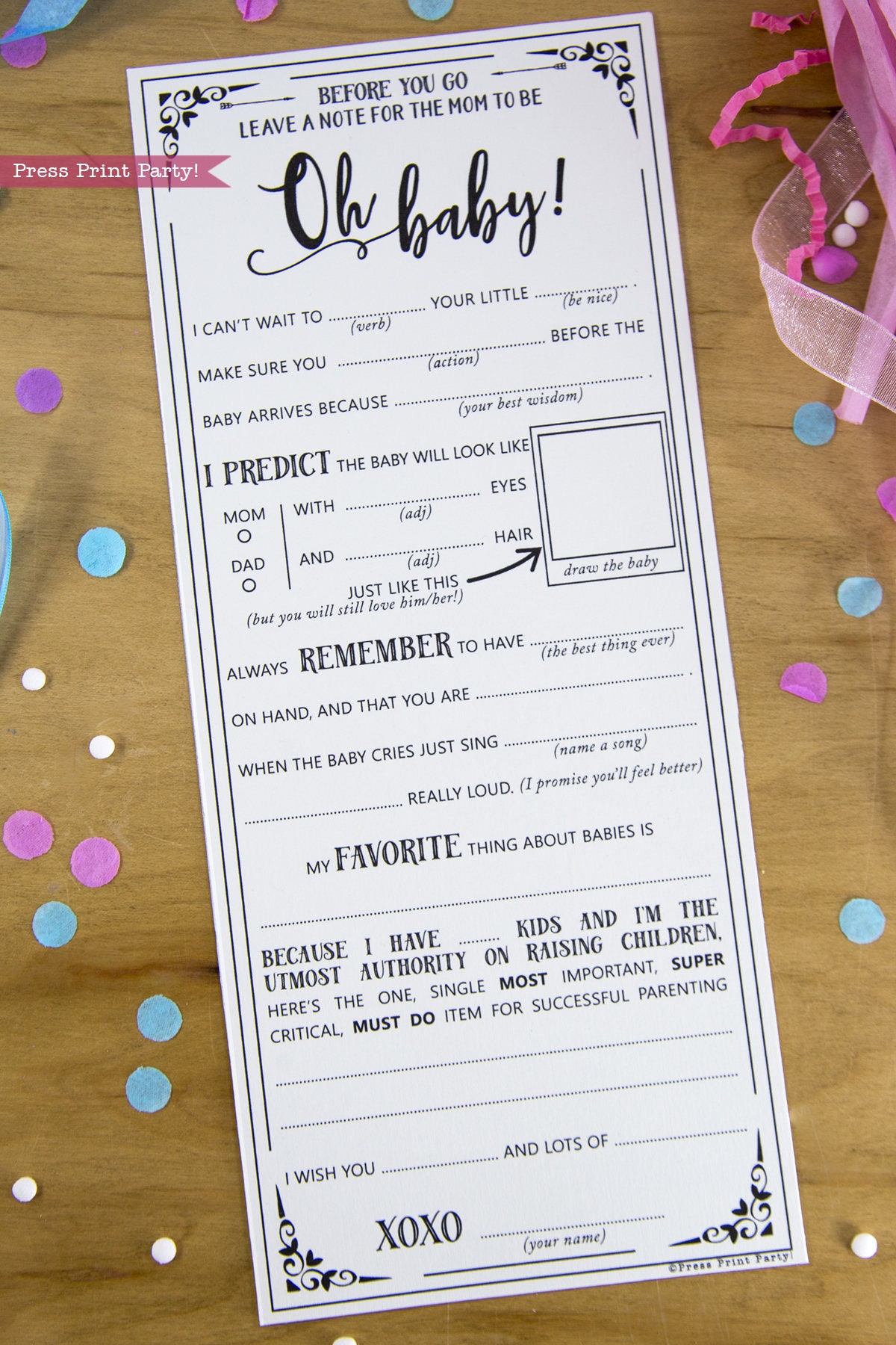 Oh Baby Shower Games Printable, Baby Shower Madlibs Advice Card, Shower ...