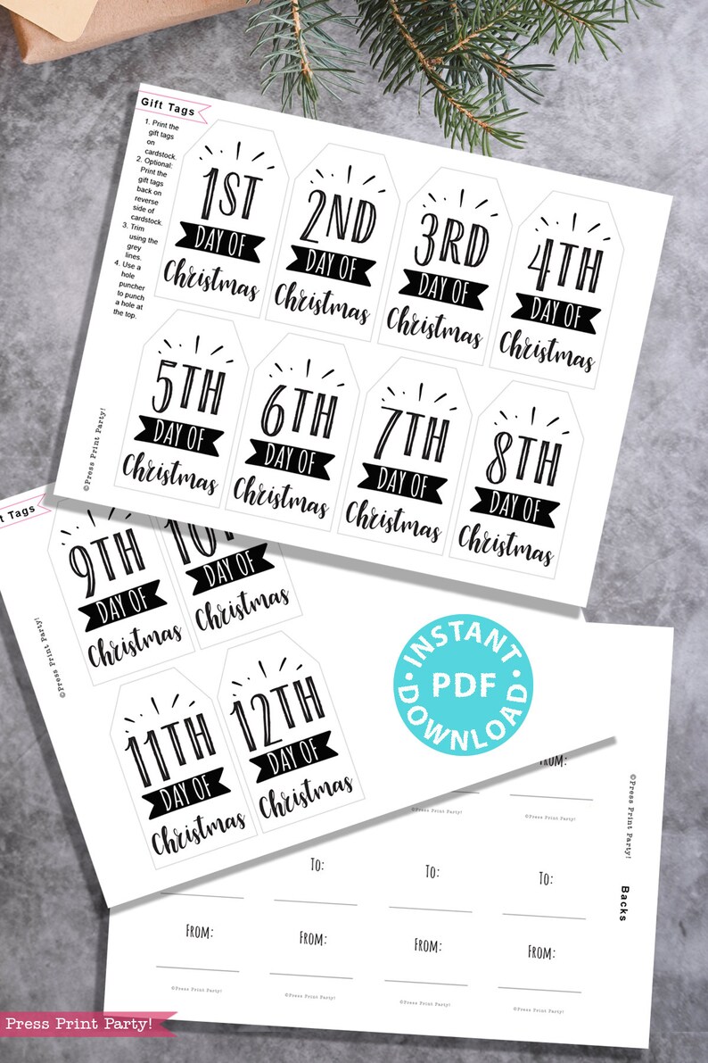 12 Days of Christmas Tags Printable, Rustic, Secret Santa Gift Tags, 12 ...