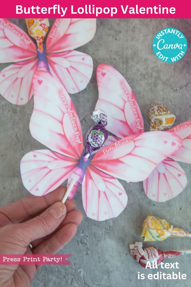 Butterfly Valentine Printable Card Classroom Exchange Lollipop Holder ...