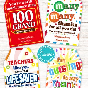 16 Candy Bar Thank You Gift Tags Bundle Editable Printable Teacher ...