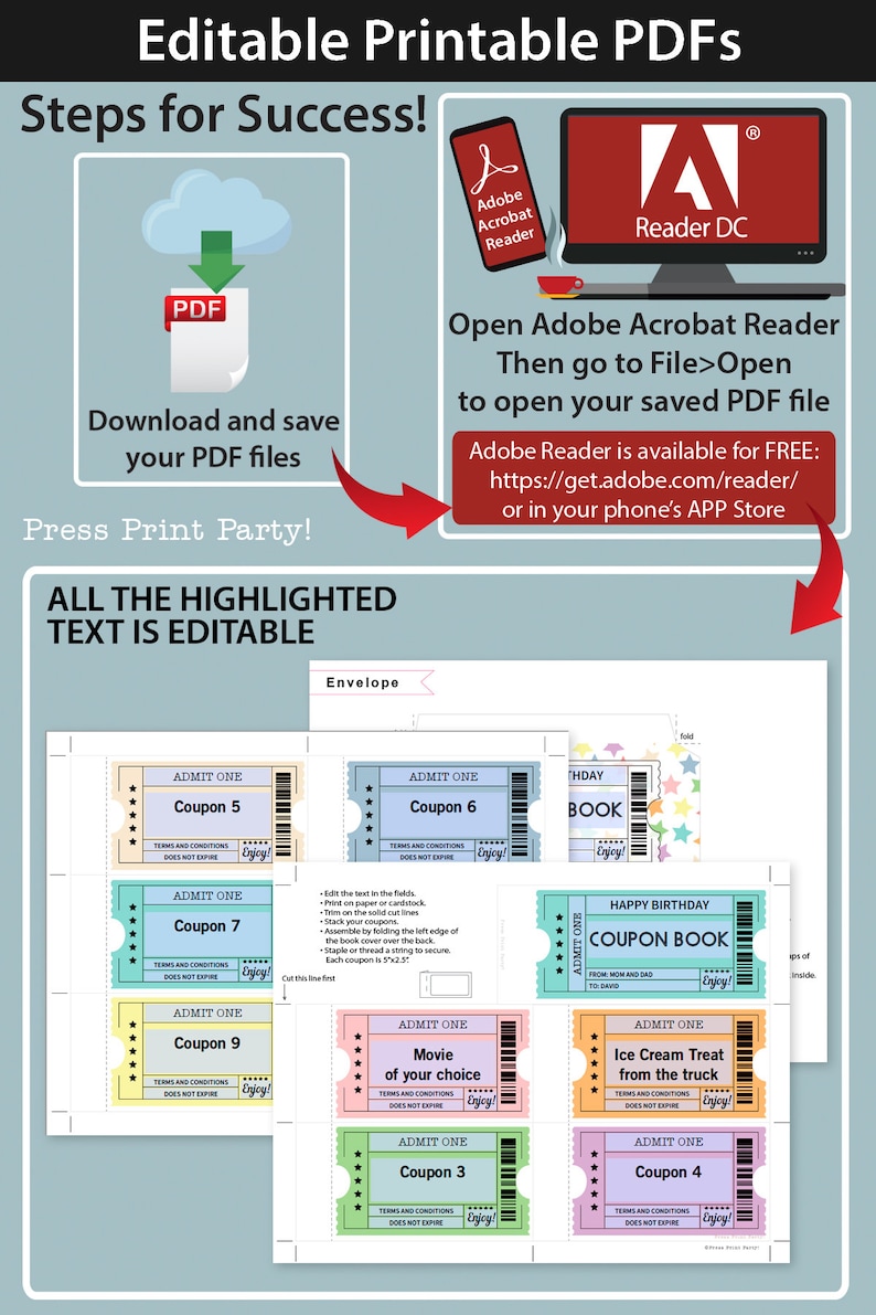 EDITABLE Coupon Book Template, Multi Color Tickets Printable, Custom ...