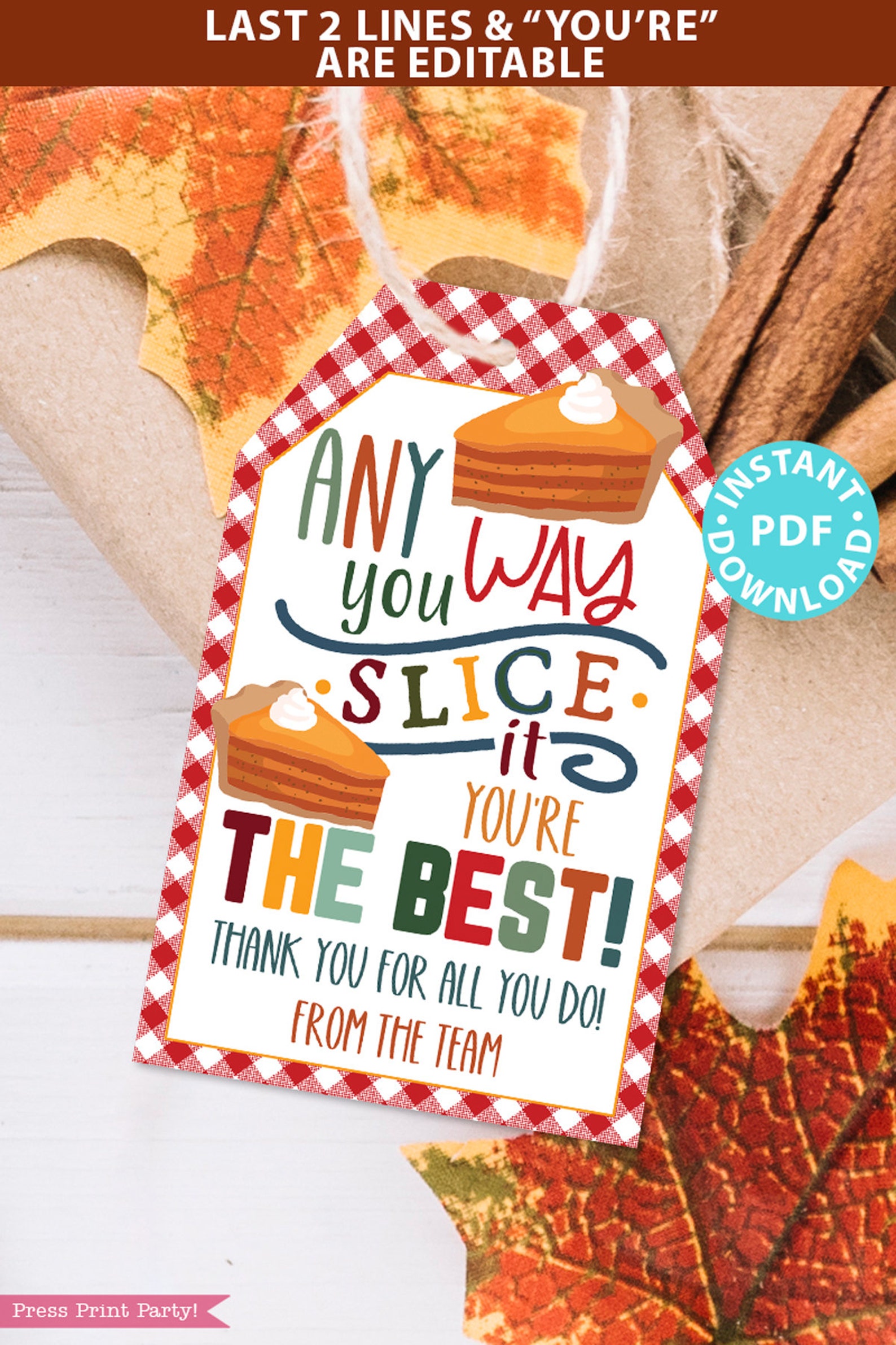 Fall Thanksgiving Tag for Pie Thank You Gift Tag Printable Any Way You ...