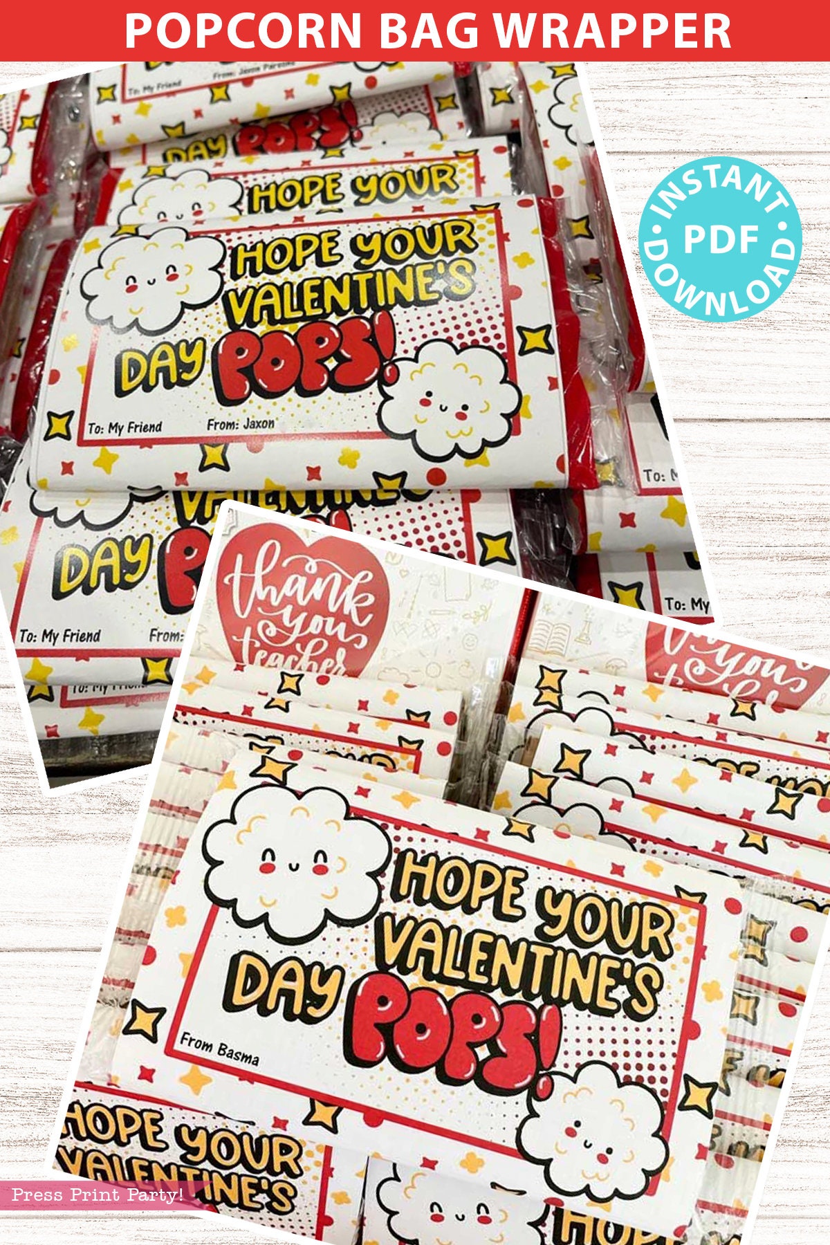 Valentine Popcorn Wrap Printable Personalized Popcorn Bags Kids ...