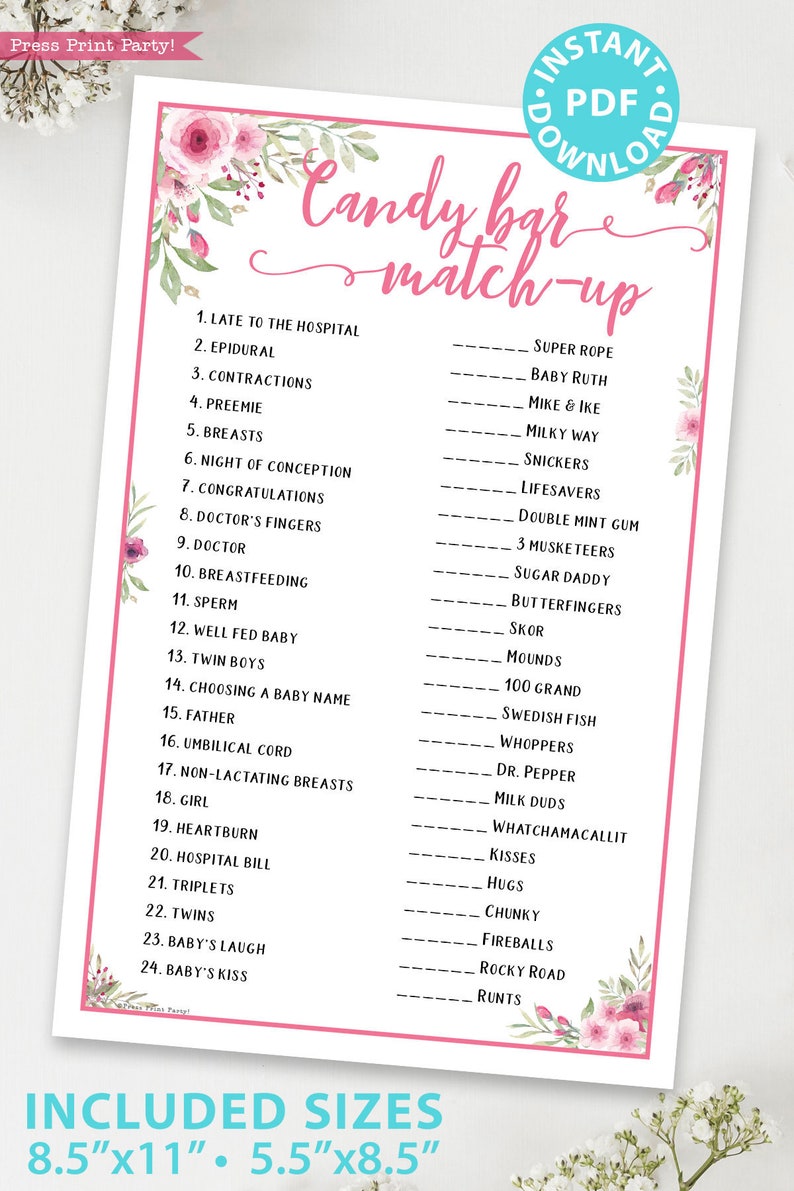 Candy Bar Match-up Baby Shower Game Printable Pink Flower - Etsy