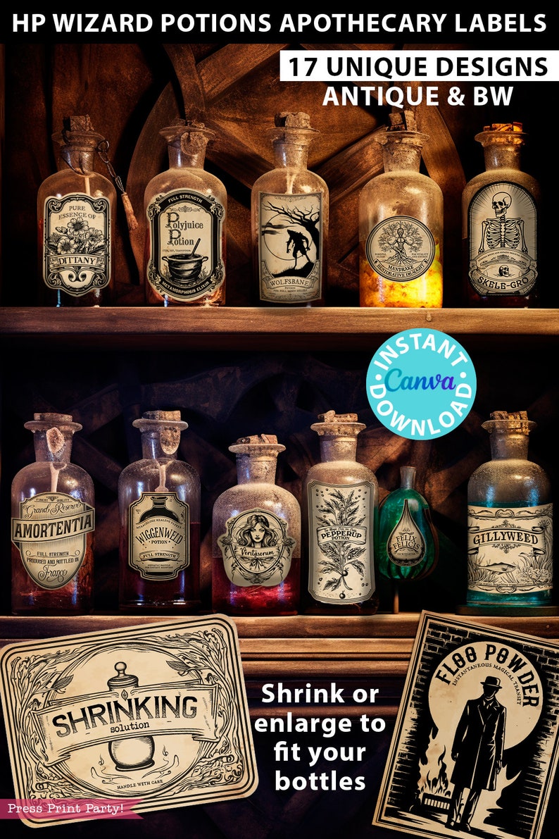 HP Wizard Party Potion Labels Decor Halloween Witch Apothecary Shelf ...