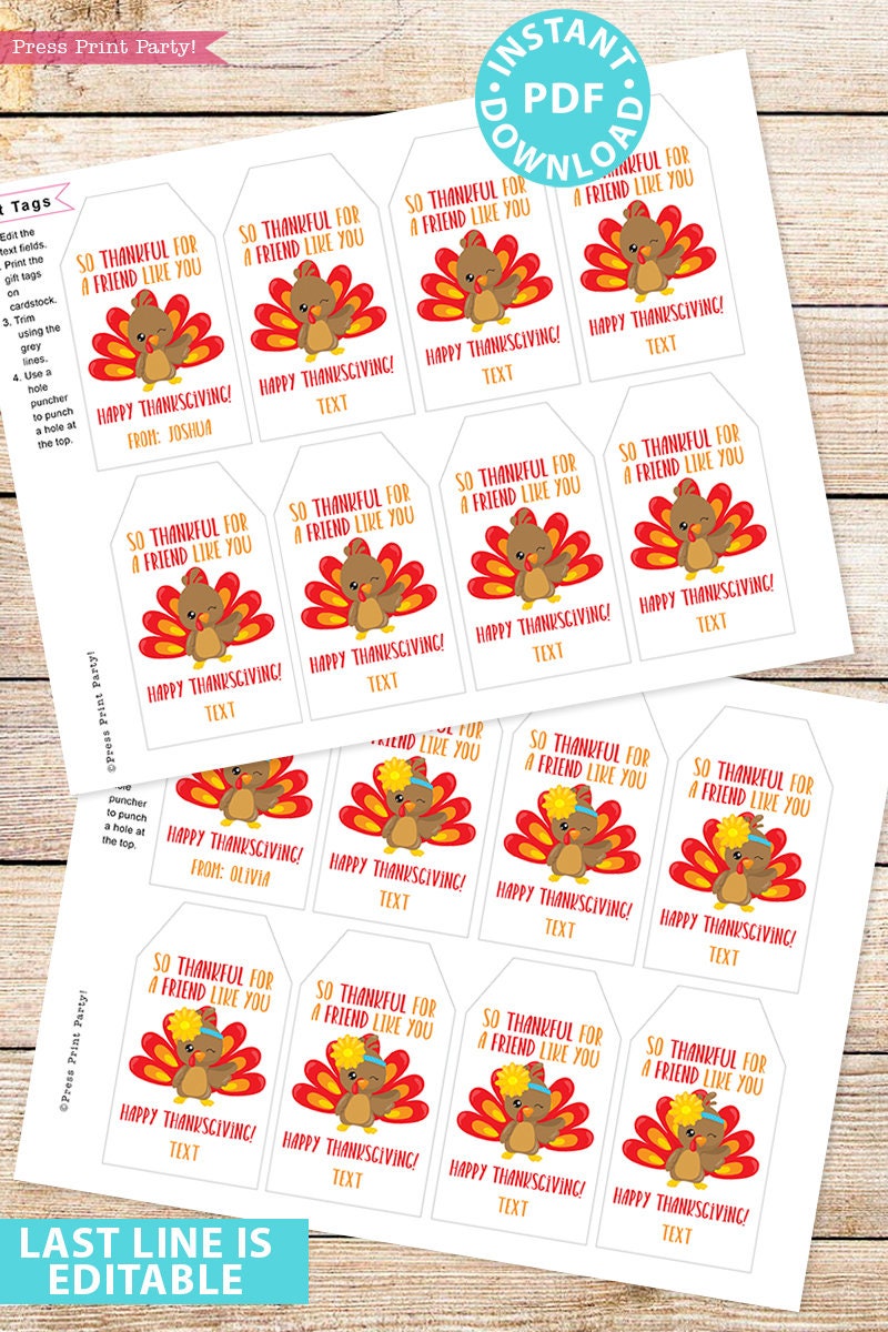 EDITABLE Thanksgiving Tags for Friends Printable Template, for Kids Boy ...