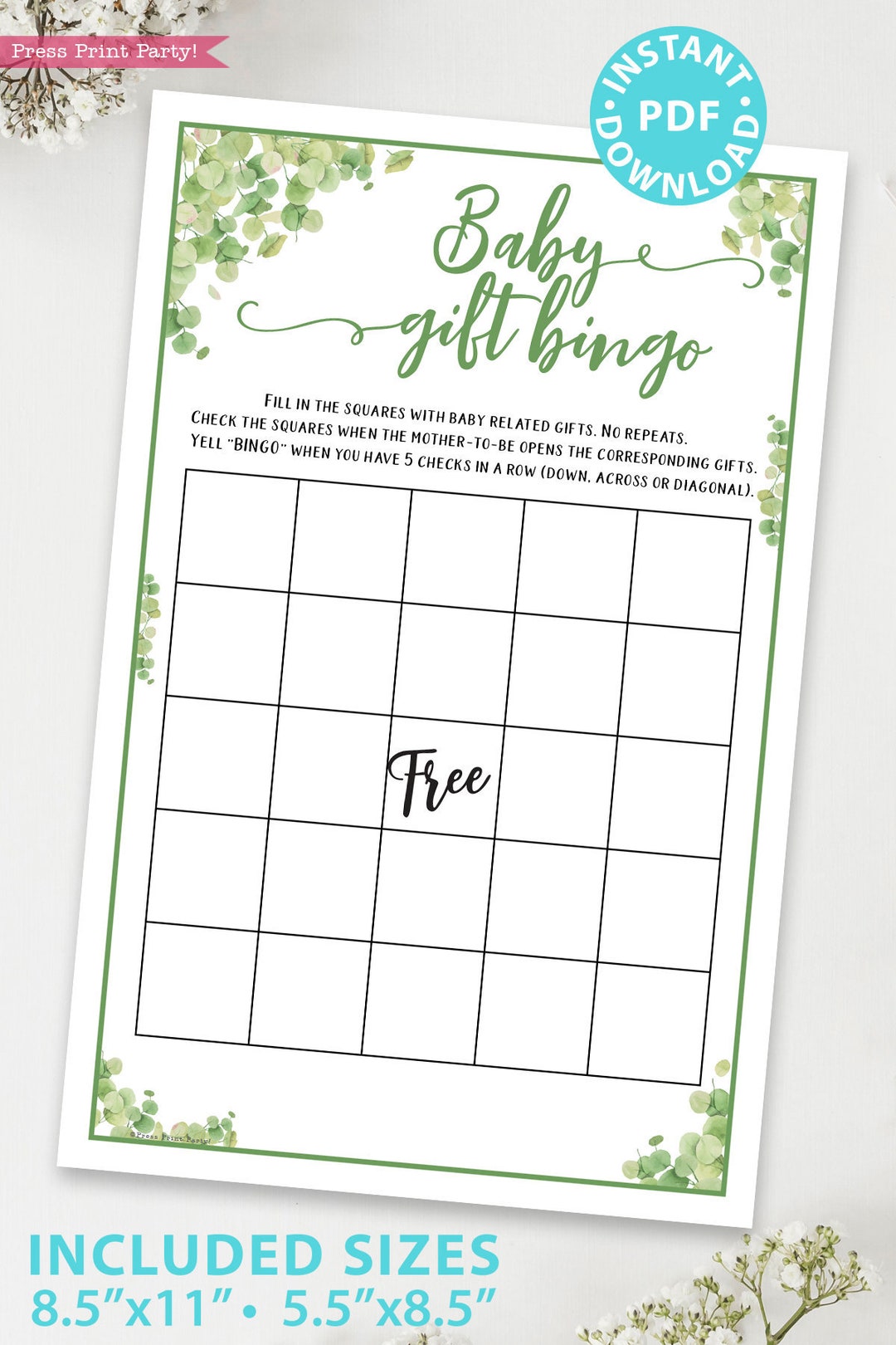 Eucalyptus Baby Gift Bingo Baby Shower Game Printable, Baby Shower Game ...