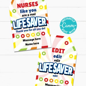 Lifesaver Thank You Gift Tags Printable Teacher Appreciation Week Nurse ...