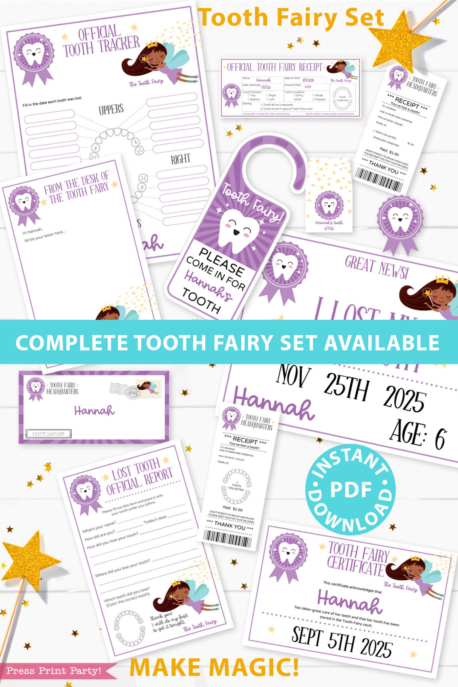 Baby Teeth Chart With the Tooth Fairy Printable, Purple Lost Tooth ...