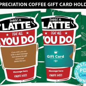 Teacher Appreciation Gift Coffee Card Holder, Teacher Thank You Card ...