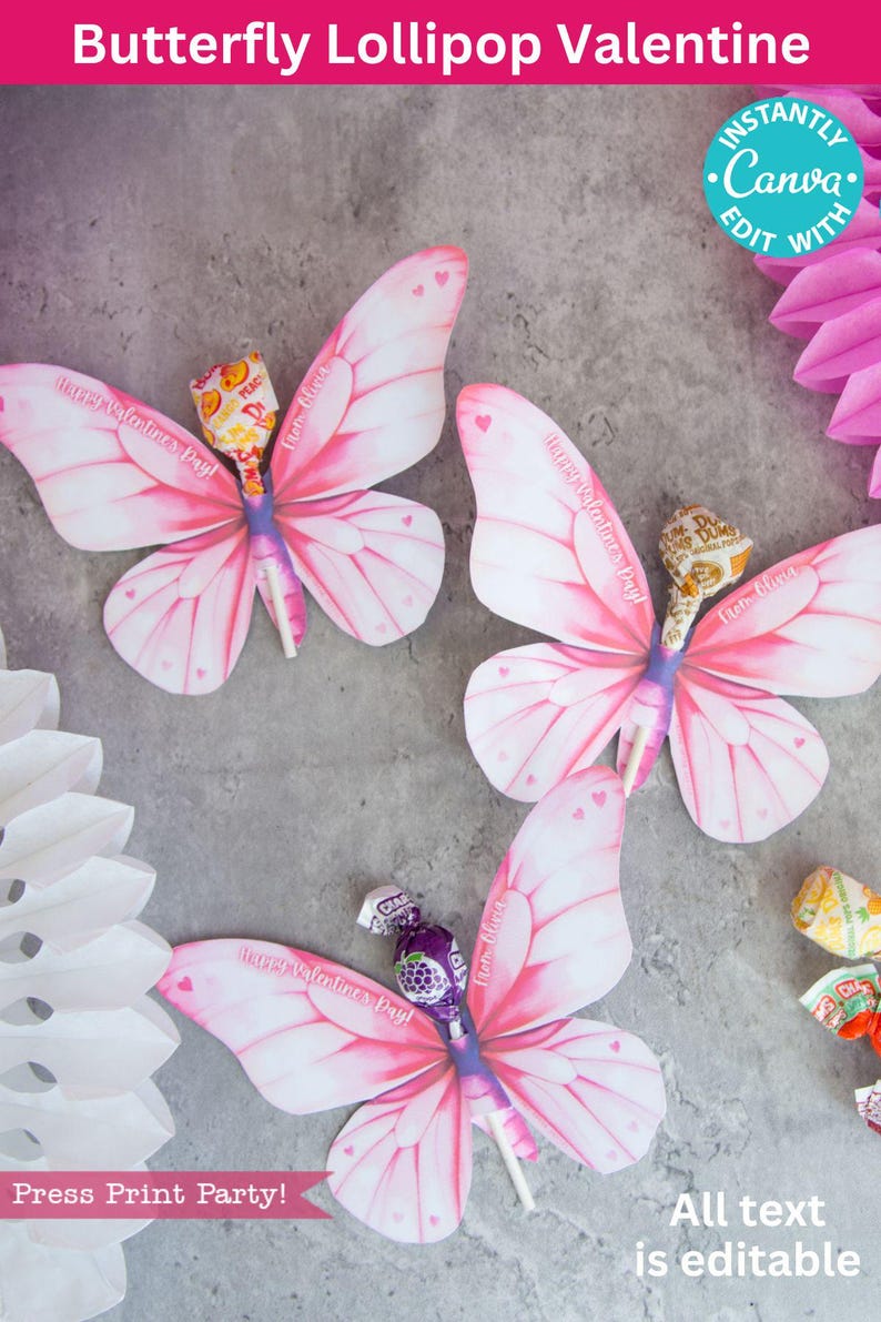 Butterfly Valentine Printable Card Classroom Exchange Lollipop Holder ...