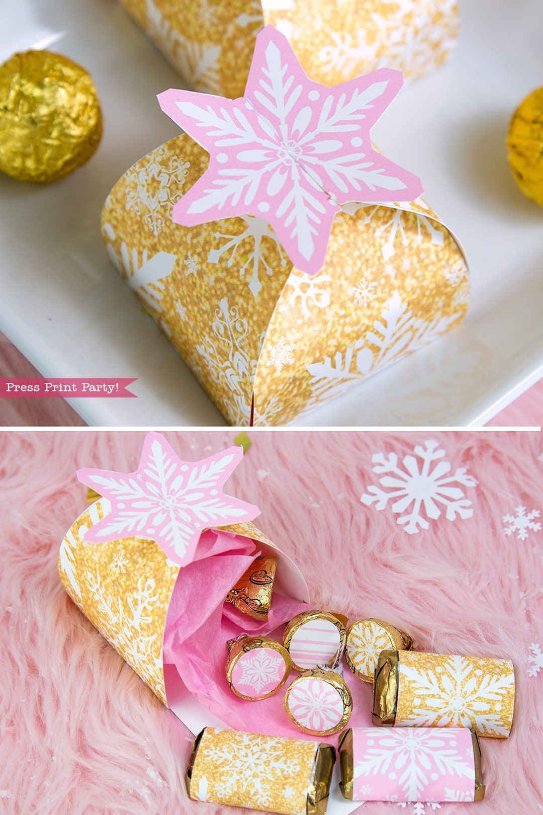 Snowflake Gift Box Printable, Pink & Gold, Winter Onederland Favor Box ...