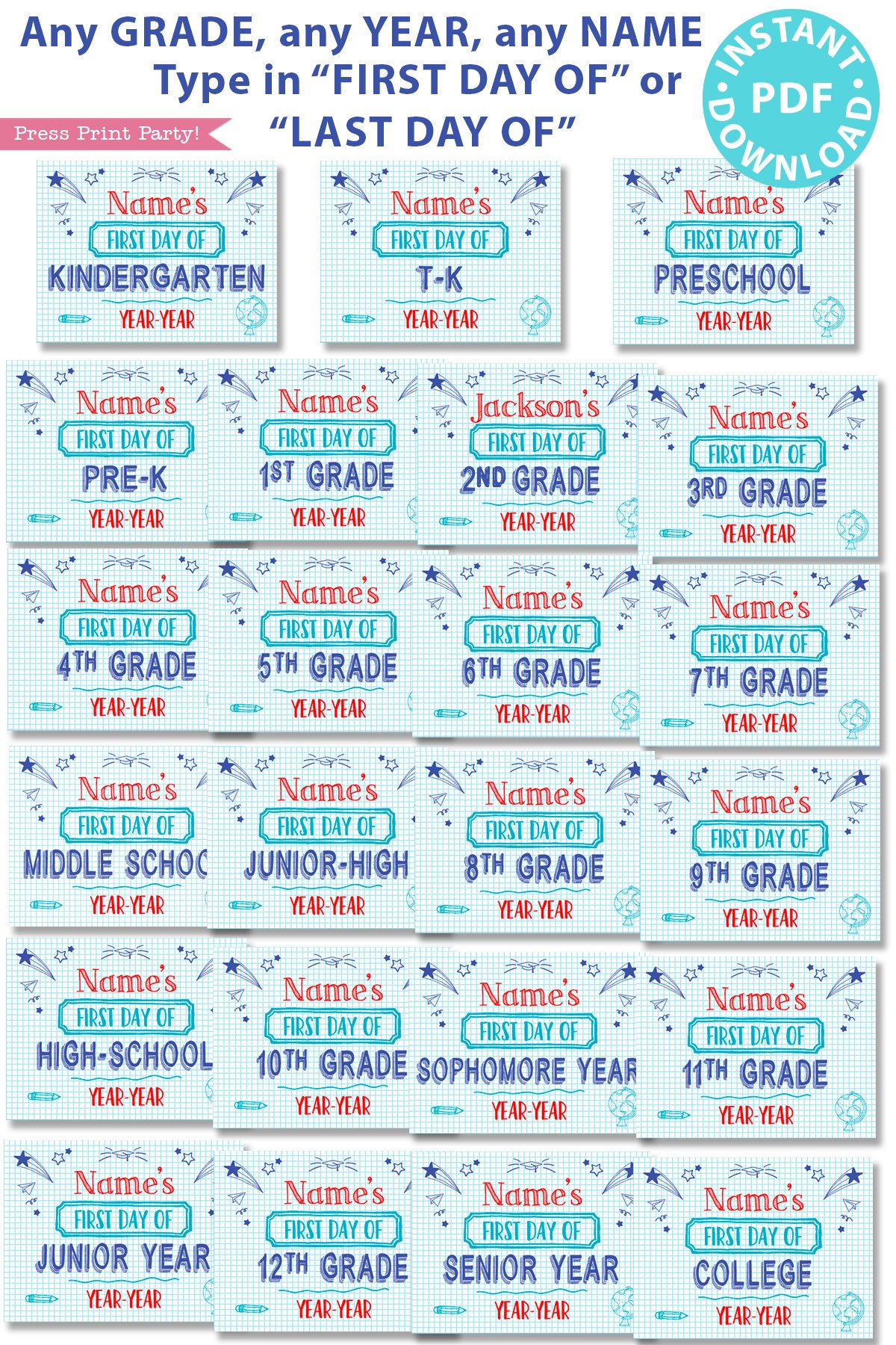 First Day of School Sign Printable, Notebook Grid, Editable Name and ...