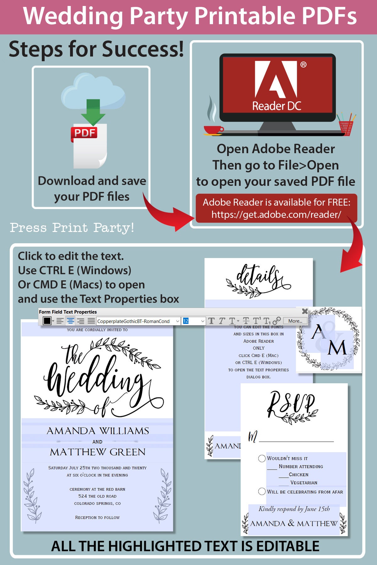 Wedding Invitation Template Printable Set, Rustic Wedding Invitation ...