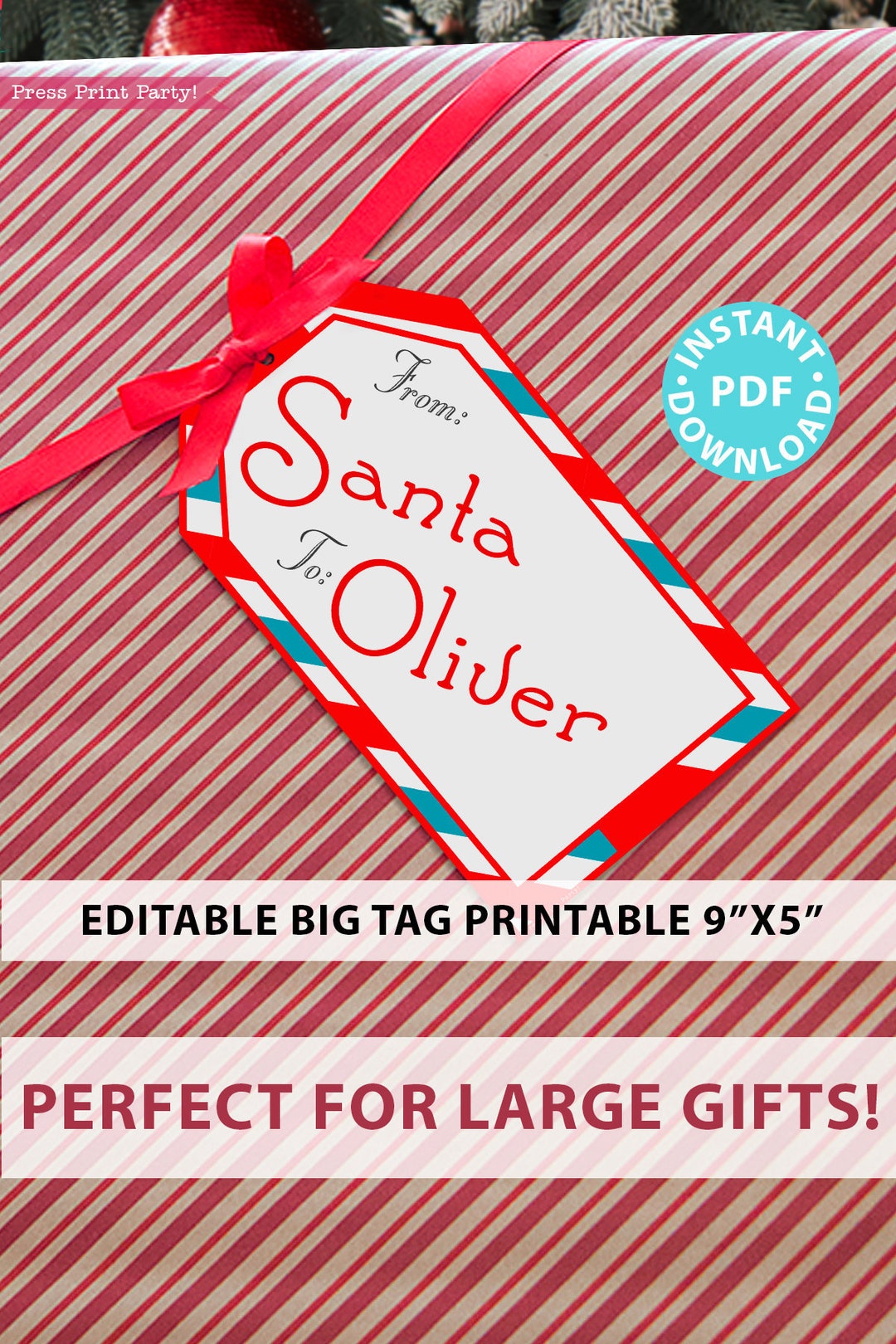 BIG Christmas Gift Tag From Santa Red Blue Stripe Editable Printable ...