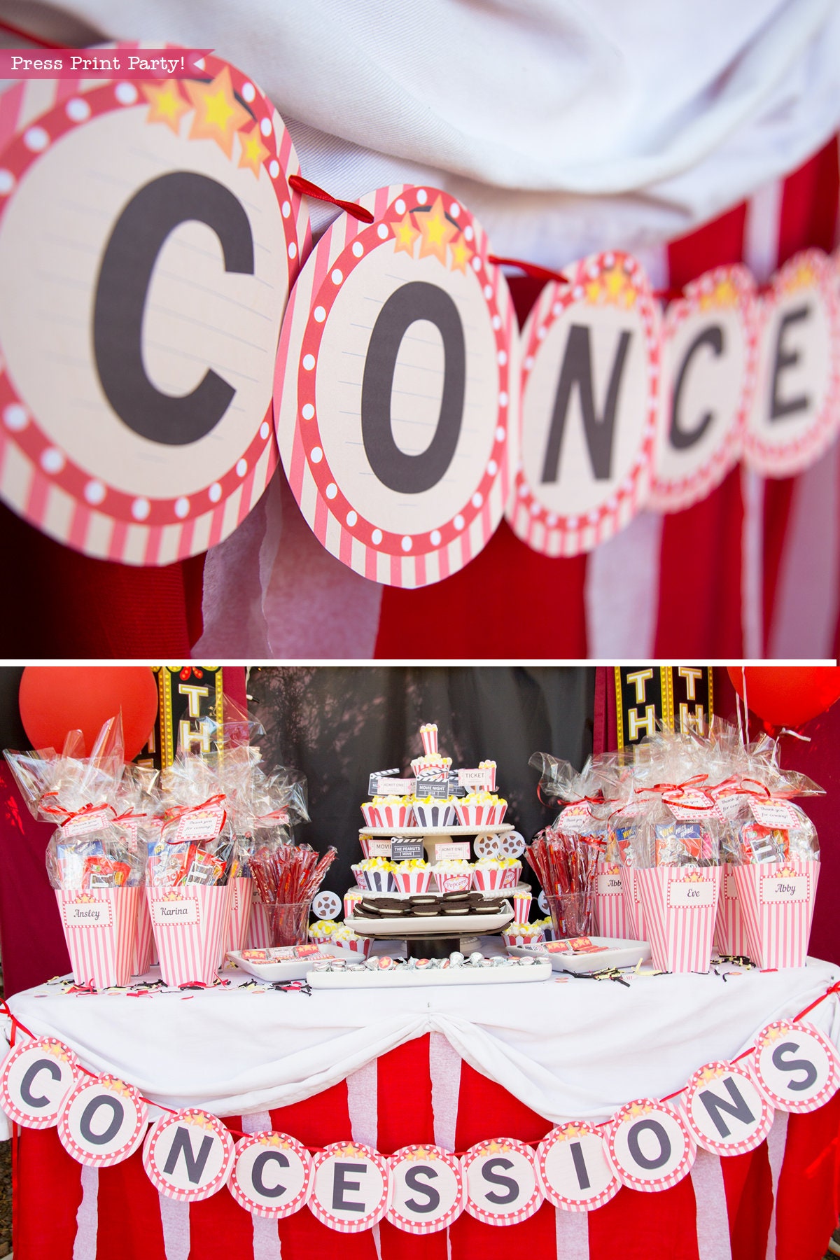 Movie Night Banner Printables RED, Movie Night Decorations, Bunting ...