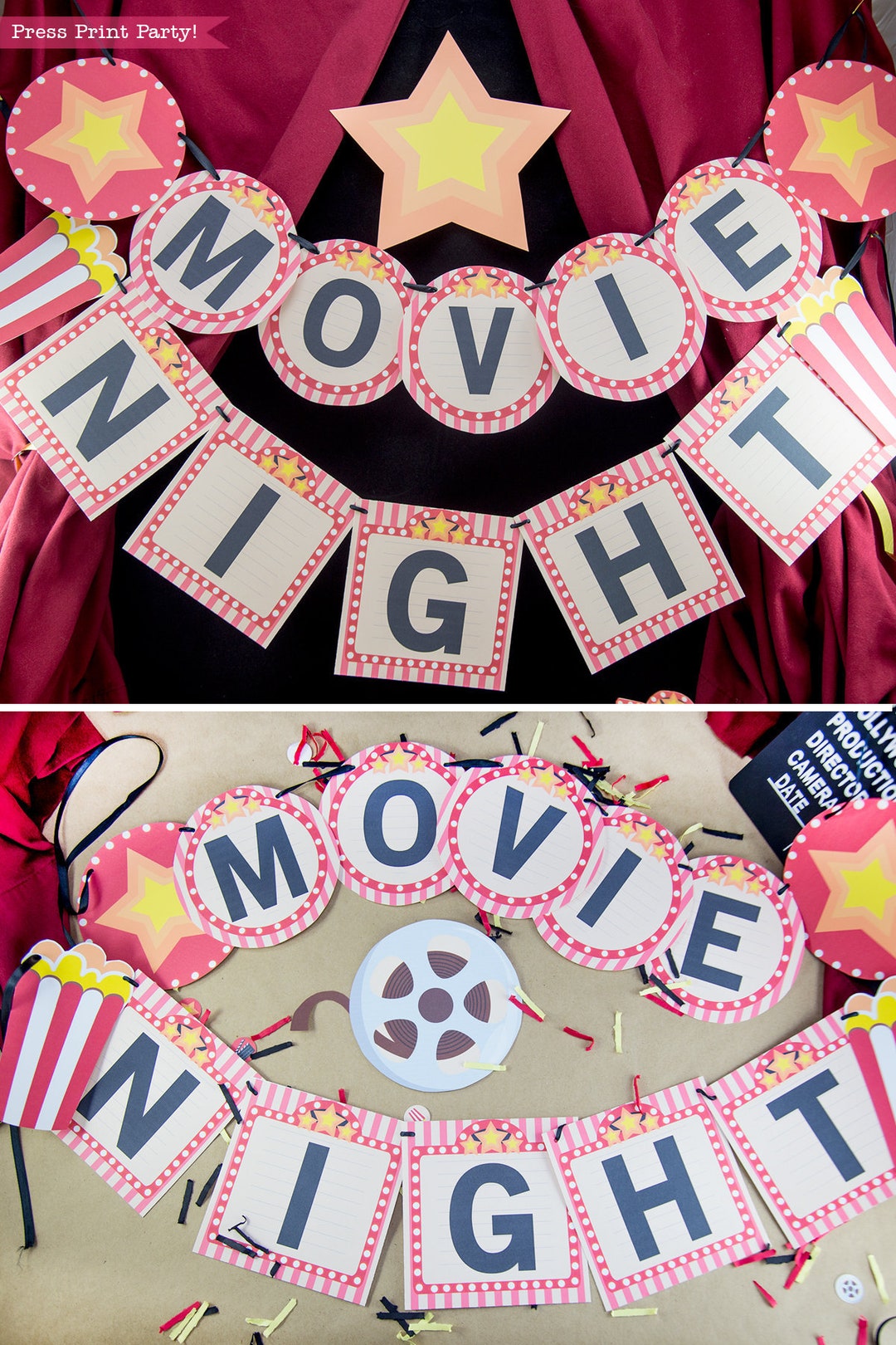 Movie Night Banner Printables RED, Movie Night Decorations, Bunting ...