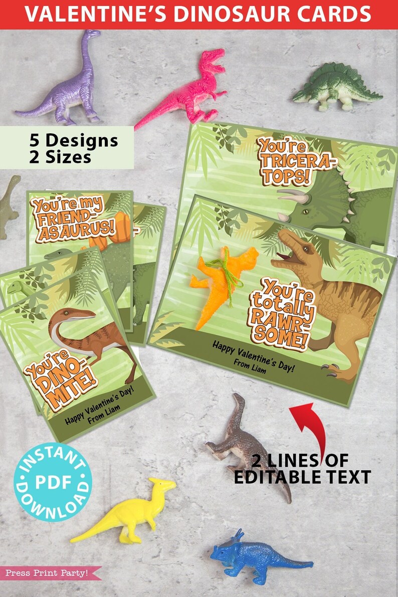 Dinosaur Valentine Cards Printable Kids Valentines Cards - Etsy
