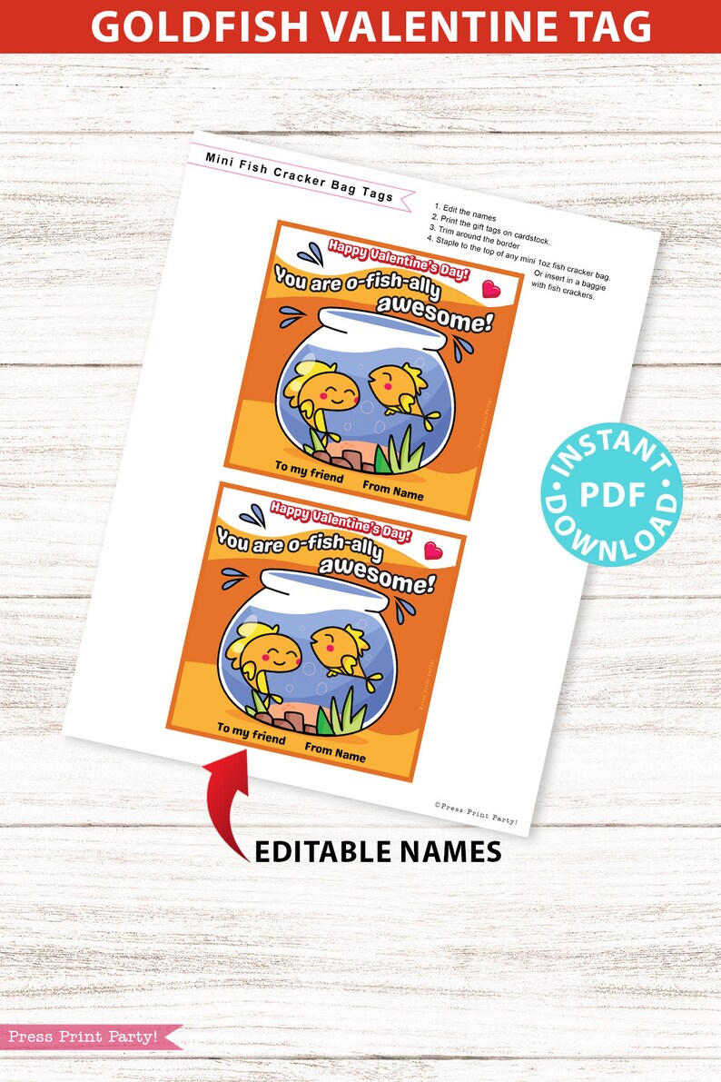 Goldfish Valentine Printable Tag Kids Valentine's Day Card EDITABLE ...