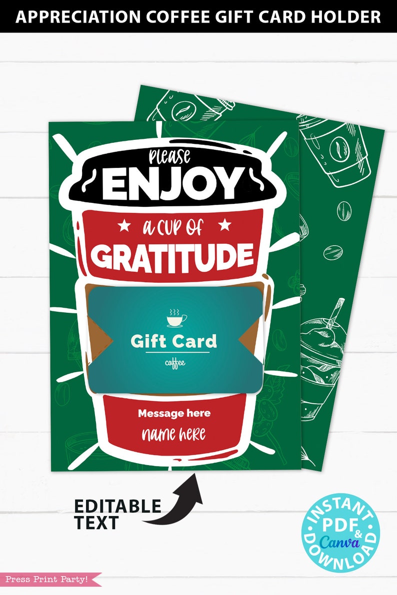 Employee Appreciation Coffee Gift Card Holder Printable Template, 5x7 ...