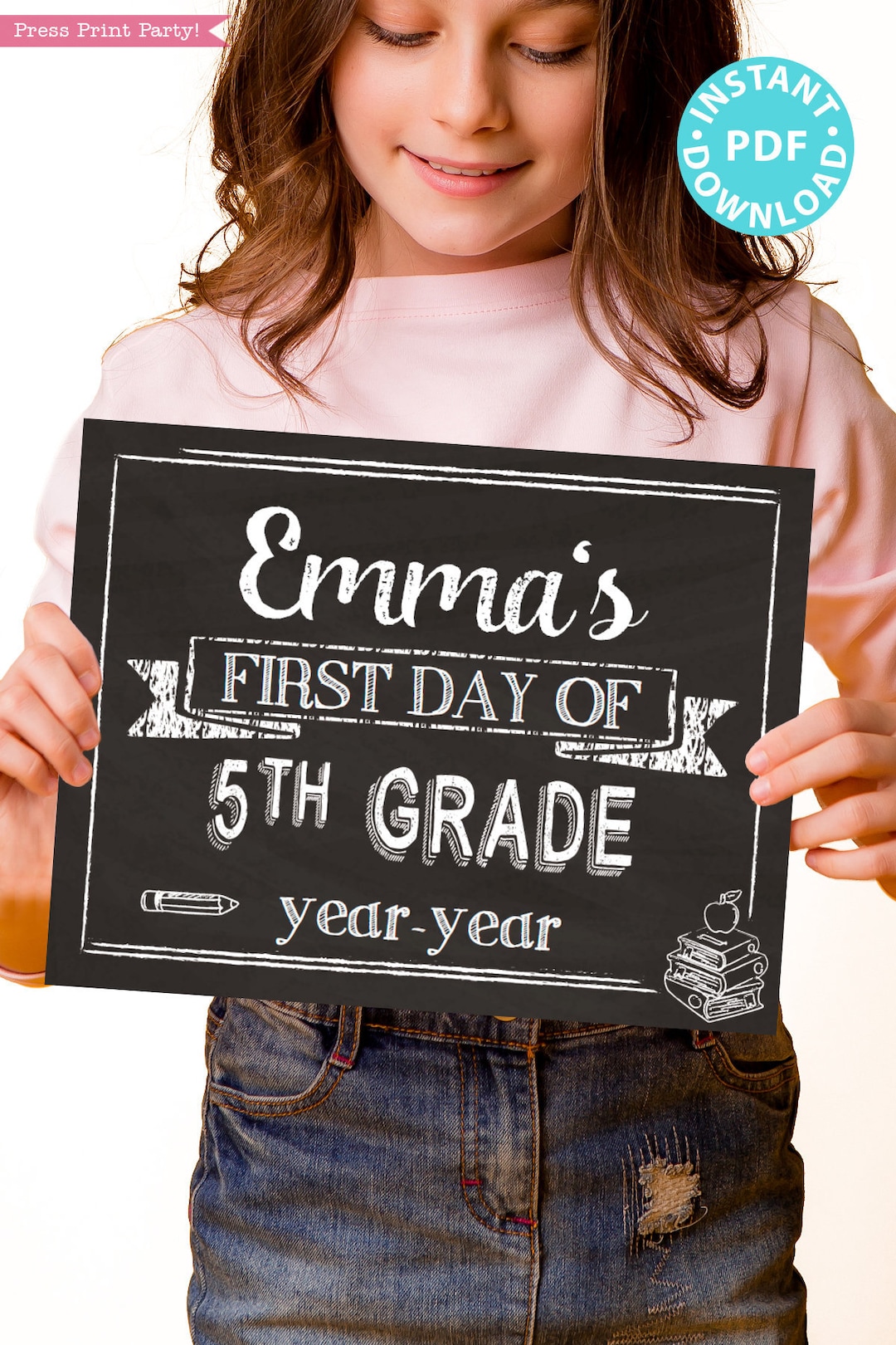 Printable First Day of School Sign, White Chalkboard, Editable Name ...