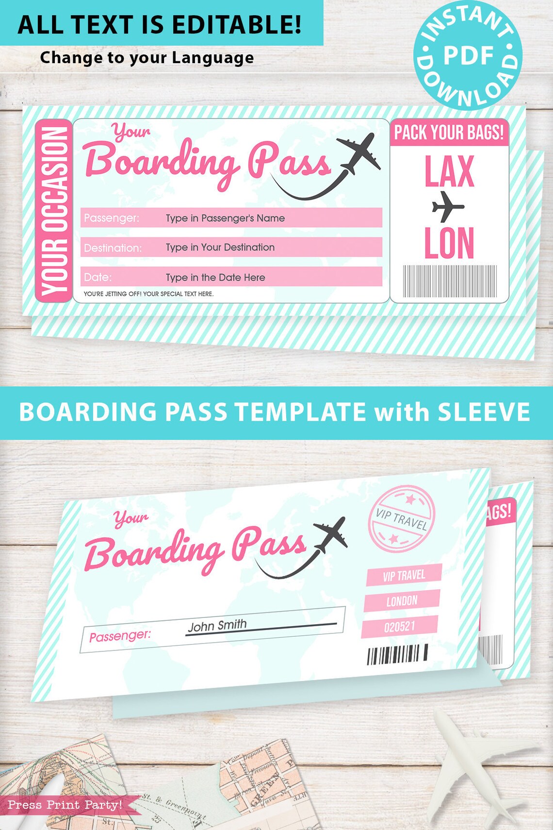 Boarding Pass Template W. Holder Editable Text Printable - Etsy