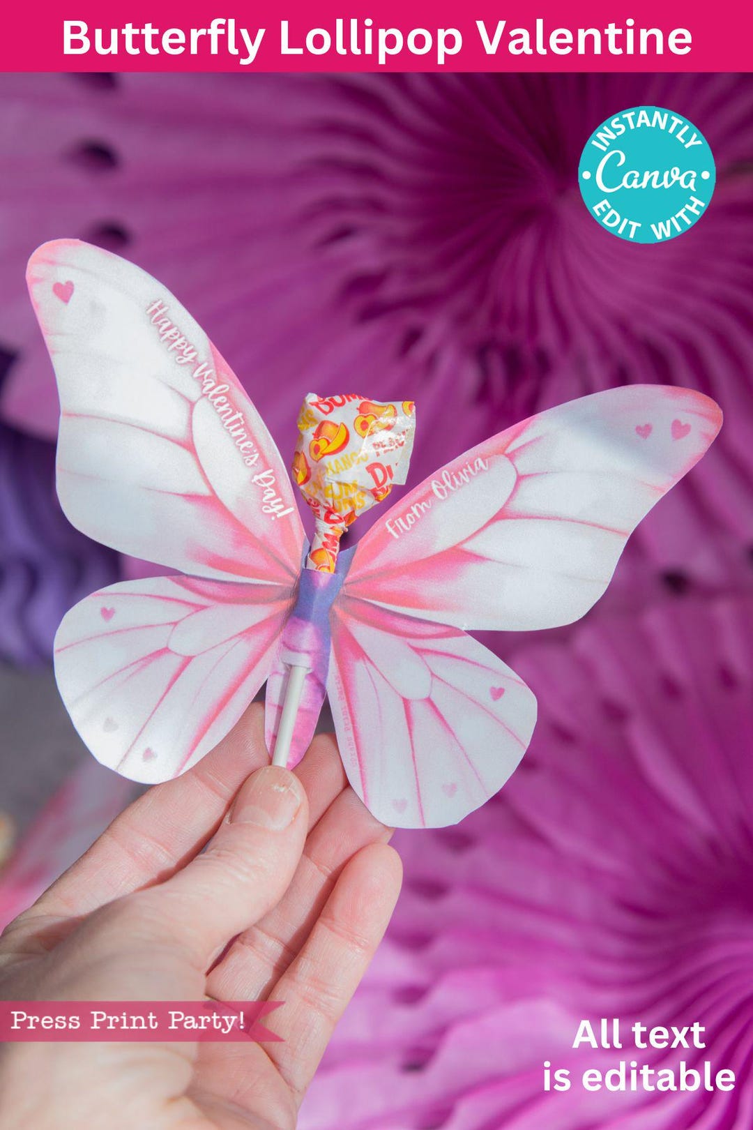 Butterfly Valentine Printable Card Classroom Exchange Lollipop Holder ...