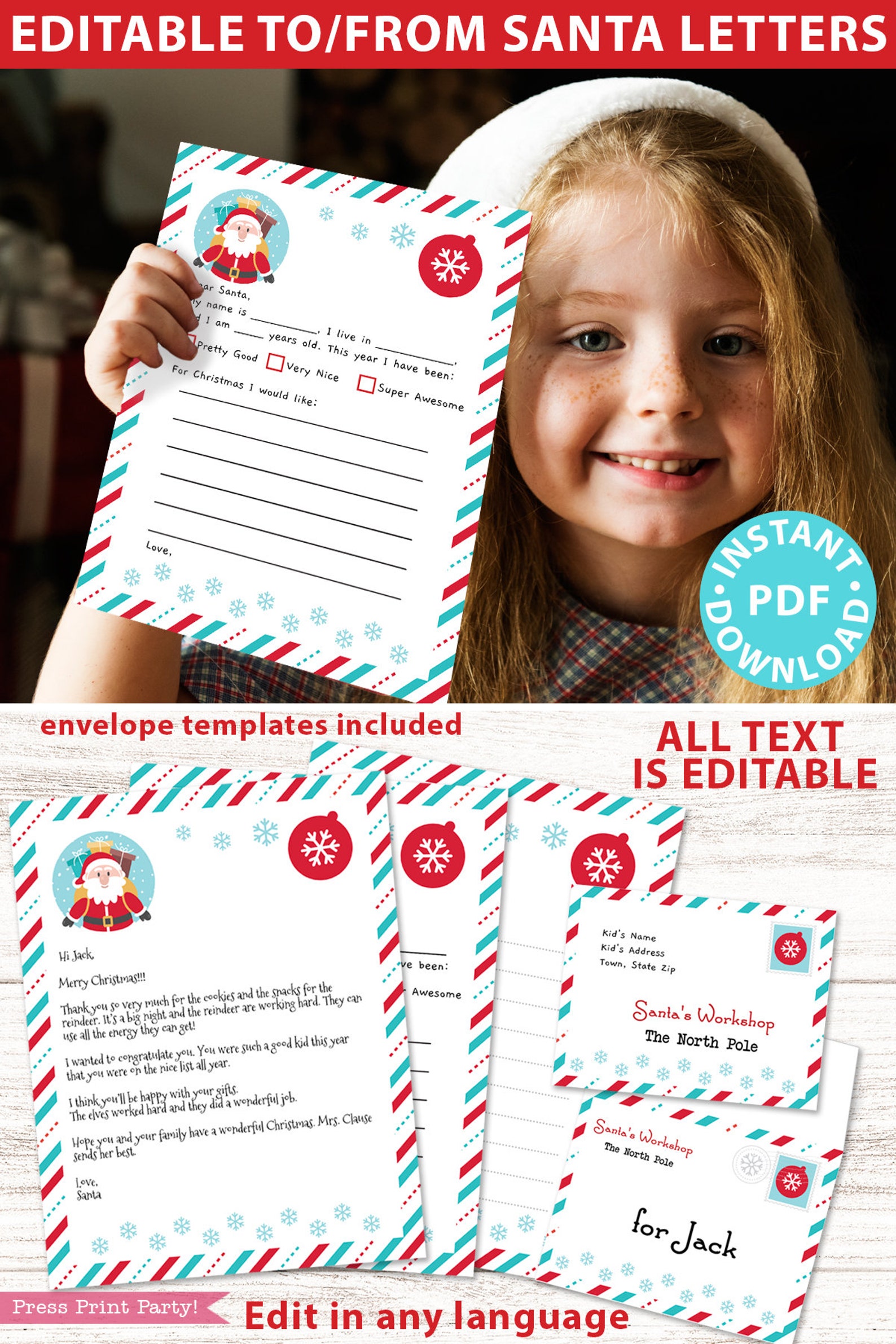 EDITABLE Santa Letter Printable Template Kit to and From - Etsy