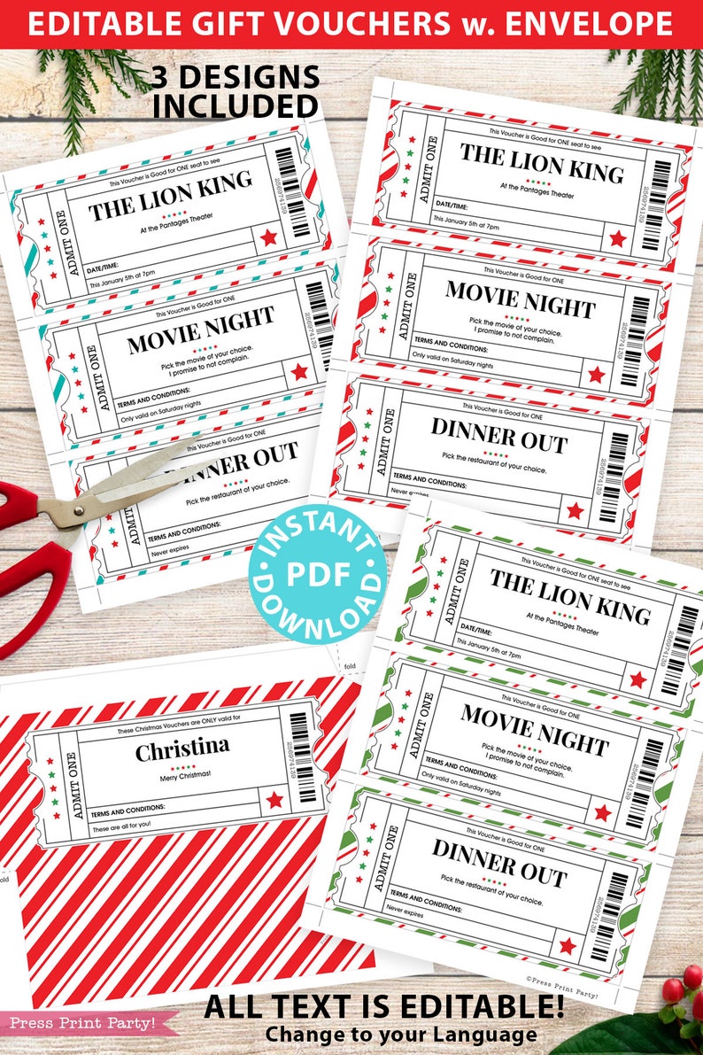 EDITABLE Christmas Voucher Template W. Envelope, Christmas Coupons ...
