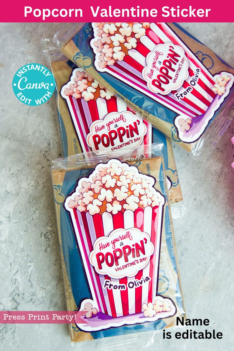 Popcorn Valentine Sticker Printable Personalized Classroom Exchange Tag ...