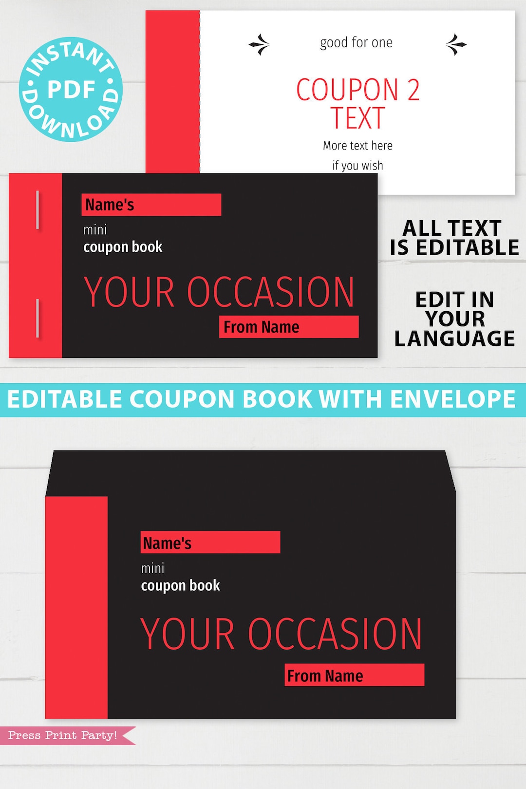 Printable Coupon Book Template Red, Any Occasion Gift Idea, Editable ...