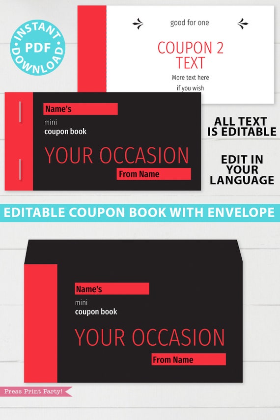 Printable Coupon Book Template Red, Any Occasion Gift Idea, Editable ...