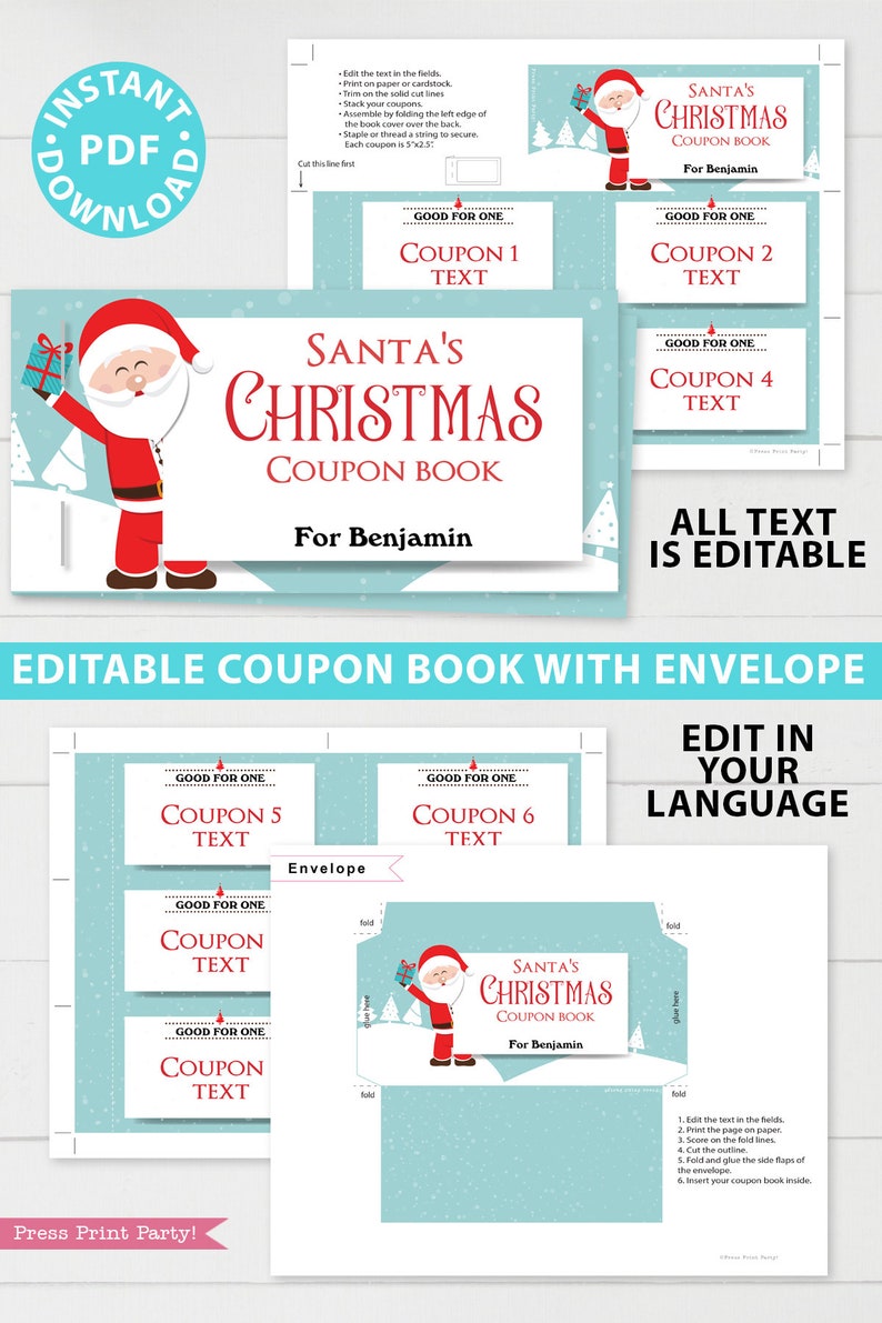 EDITABLE Christmas Coupon Book Printable Template, From Santa Gift Idea ...