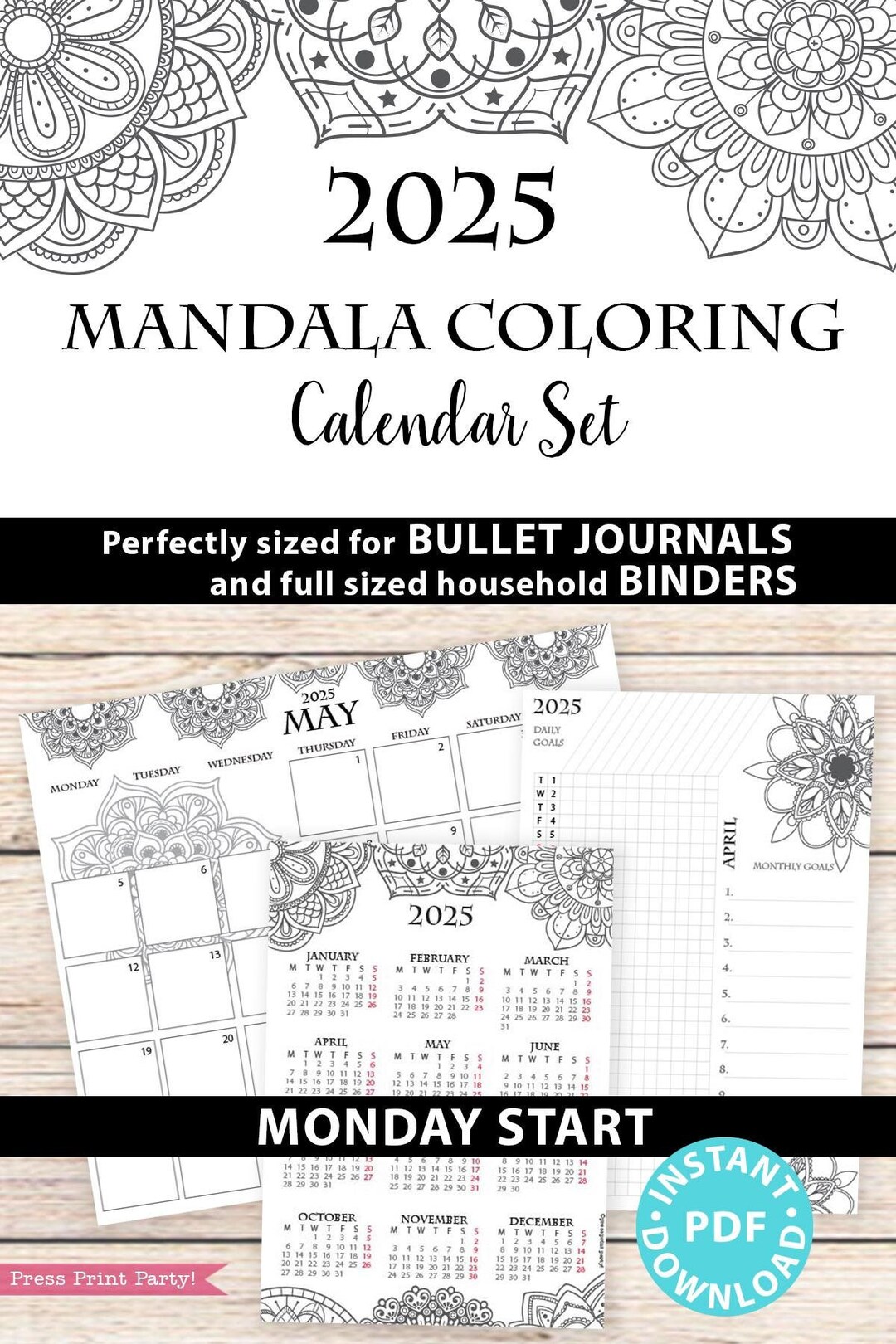 MONDAY Start 2025 Calendar Printable Set Mandala Coloring Bullet ...