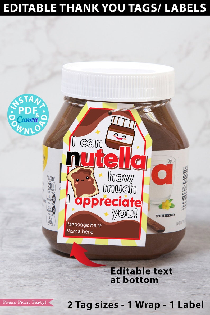 Nutella Teacher Thank You Gift Tags Printable, Teacher Appreciation ...